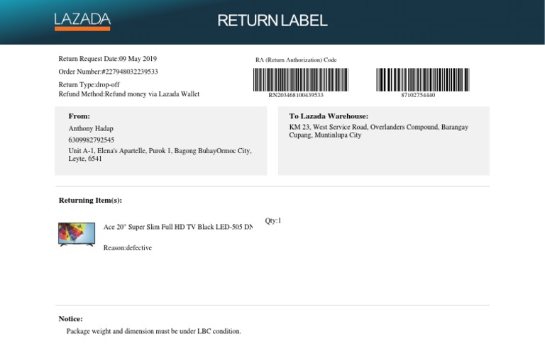 Lazada Return Request for Defective TV | PDF