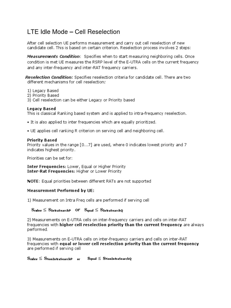 LTE Idle Mode - Cell Reselection: Measurements Condition: Specifies ...
