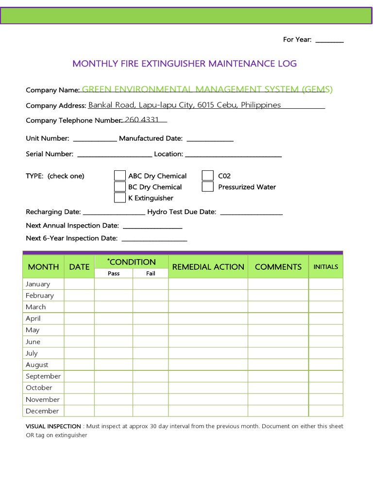 Monthly Fire Extinguisher Maintenance Log: Green Environmental ...