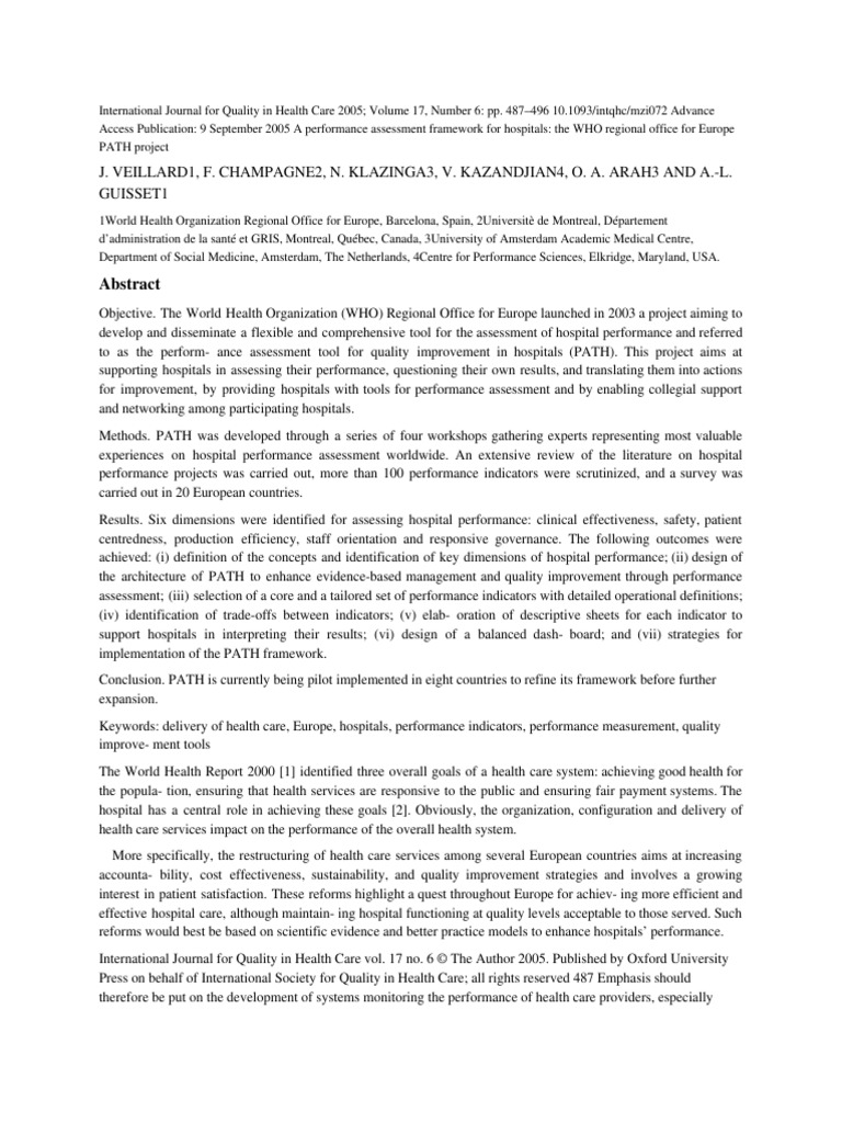 A Performance Assessment Framework For Hospitals - The Who Europe Path ...