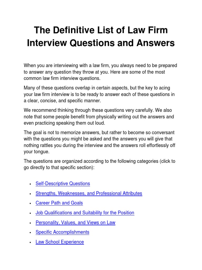 The Definitive List of Law Firm Interview Questions and Answers | PDF ...