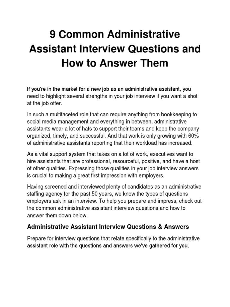 9 Common Administrative Assistant Interview Questions and Answers | PDF | Job Interview | Employment