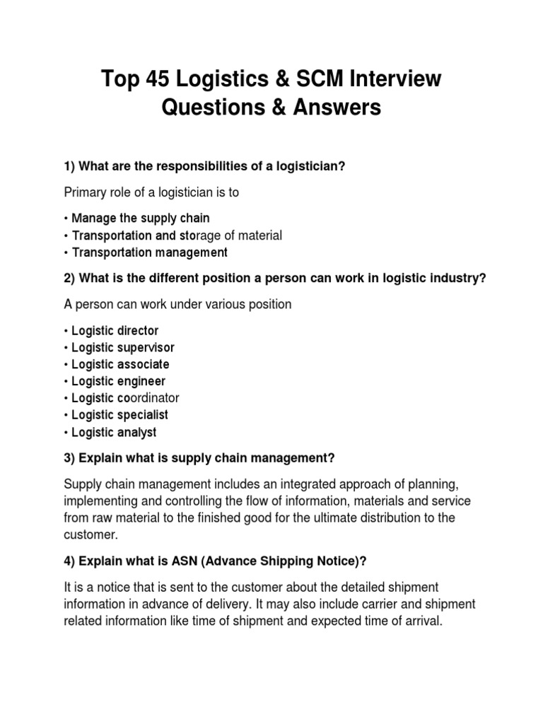 Top 45 Logistics SCM Interview Questions Answers | PDF | Cargo | Logistics