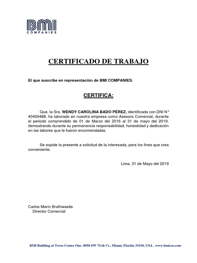 Certificado de Trabajo para Wendy Bado Pérez | PDF