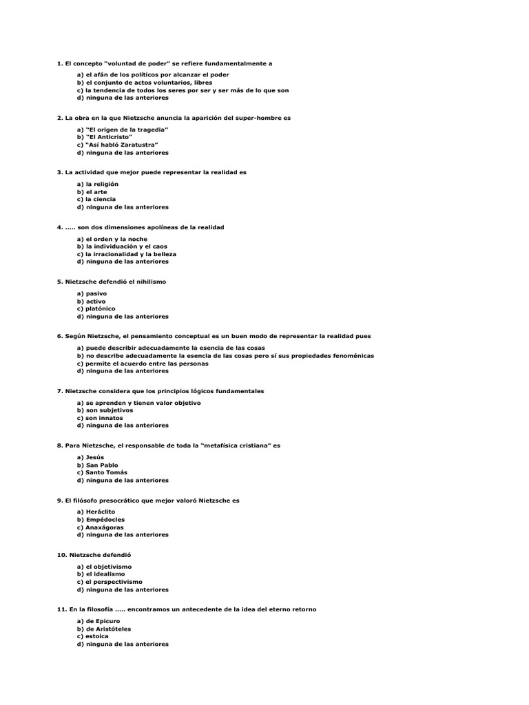 Test sobre Nietzsche y el superhombre | PDF | Friedrich Nietzsche | Esencia
