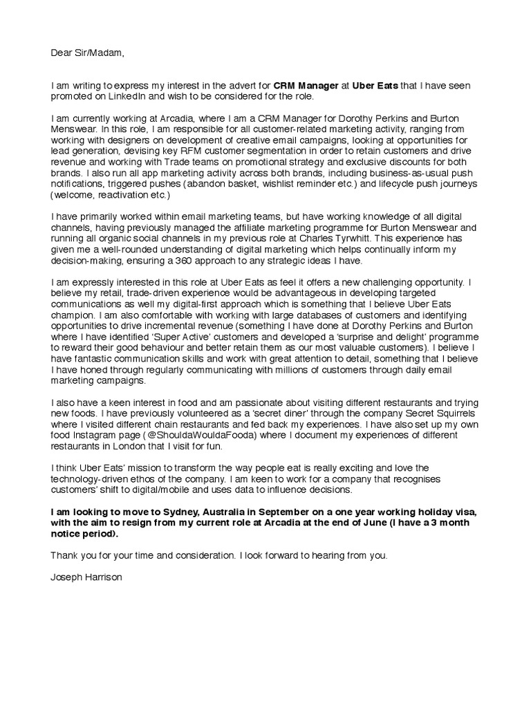 Uber Eats Cover Letter PDF | PDF | Digital Marketing | Marketing