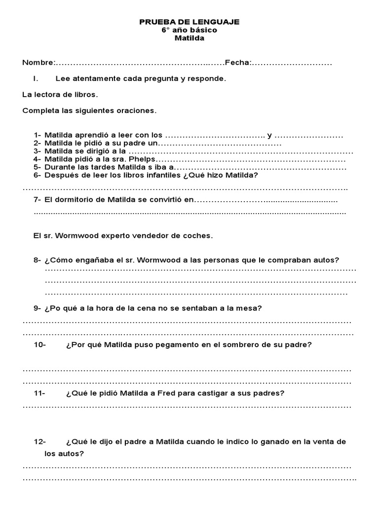 Prueba Lenguaje Matilda | PDF | Ocio