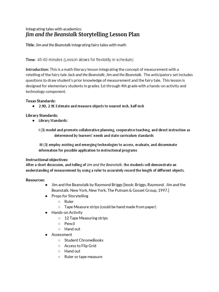 Rajcic A Jim and The Beanstalk Storytelling Lesson Plan | PDF | Lesson ...