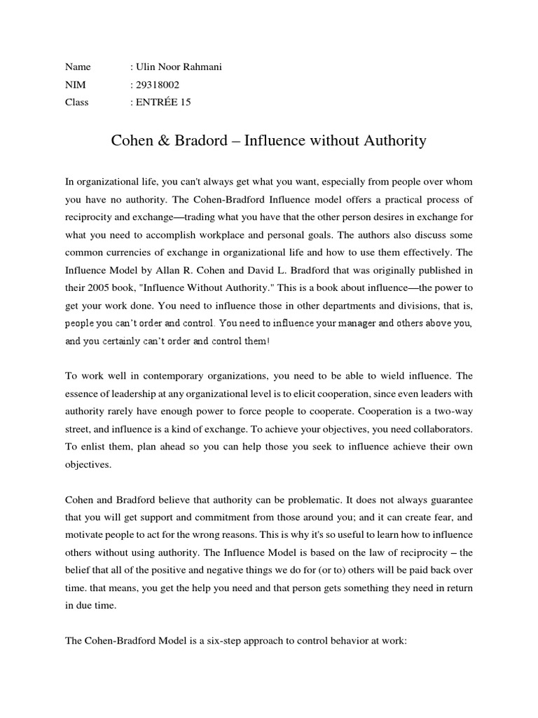 Cohen & Bradord - Influence Without Authority | PDF | Motivation ...