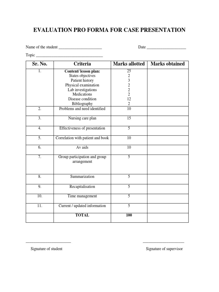 Evaluation Pro Forma For Case Presentation: Sr. No. Criteria Marks ...