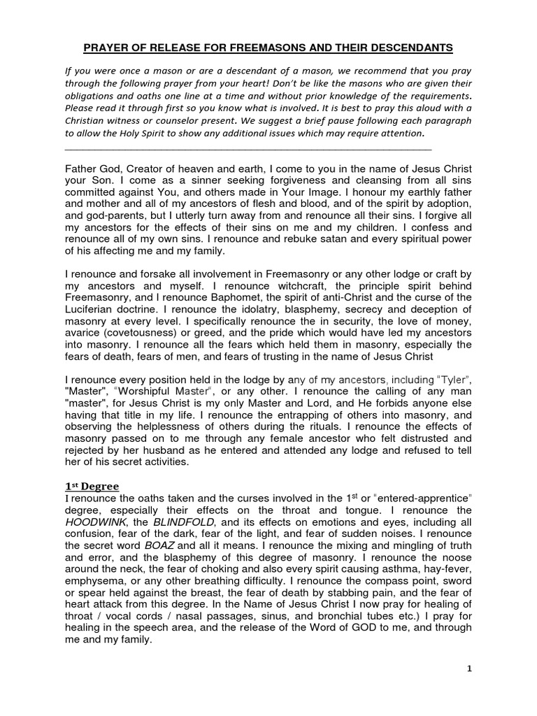 Prayer of Release For Freemasons and Their Descendants: 1 Degree | PDF ...