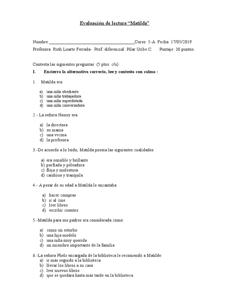 Prueba de Matilda PIE | PDF | Ocio