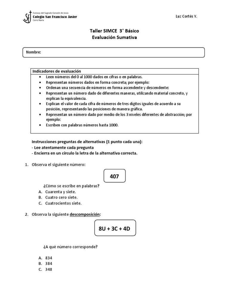 Evaluación Números hasta 1000 3° Básico | PDF | Codificaciones ...
