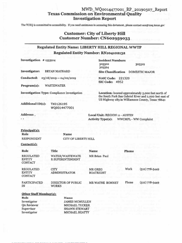 Liberty Hill Wastewater Treatment Plant Report | PDF