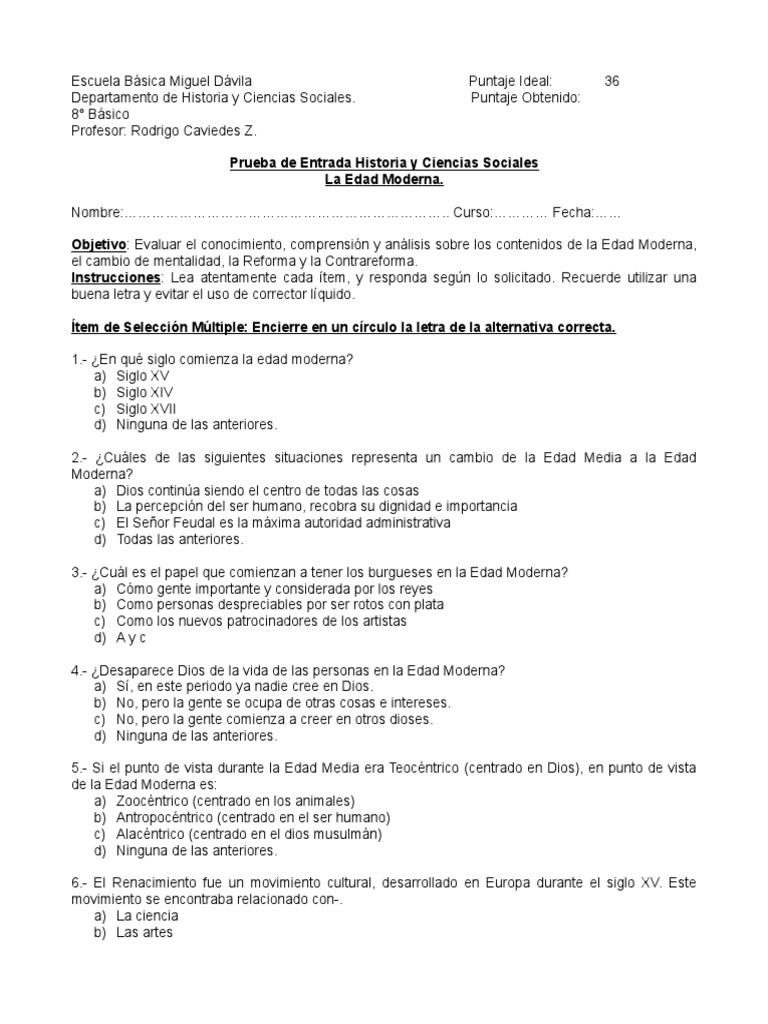 Prueba Entrada Historia 8vo | PDF | Renacimiento | Período moderno temprano