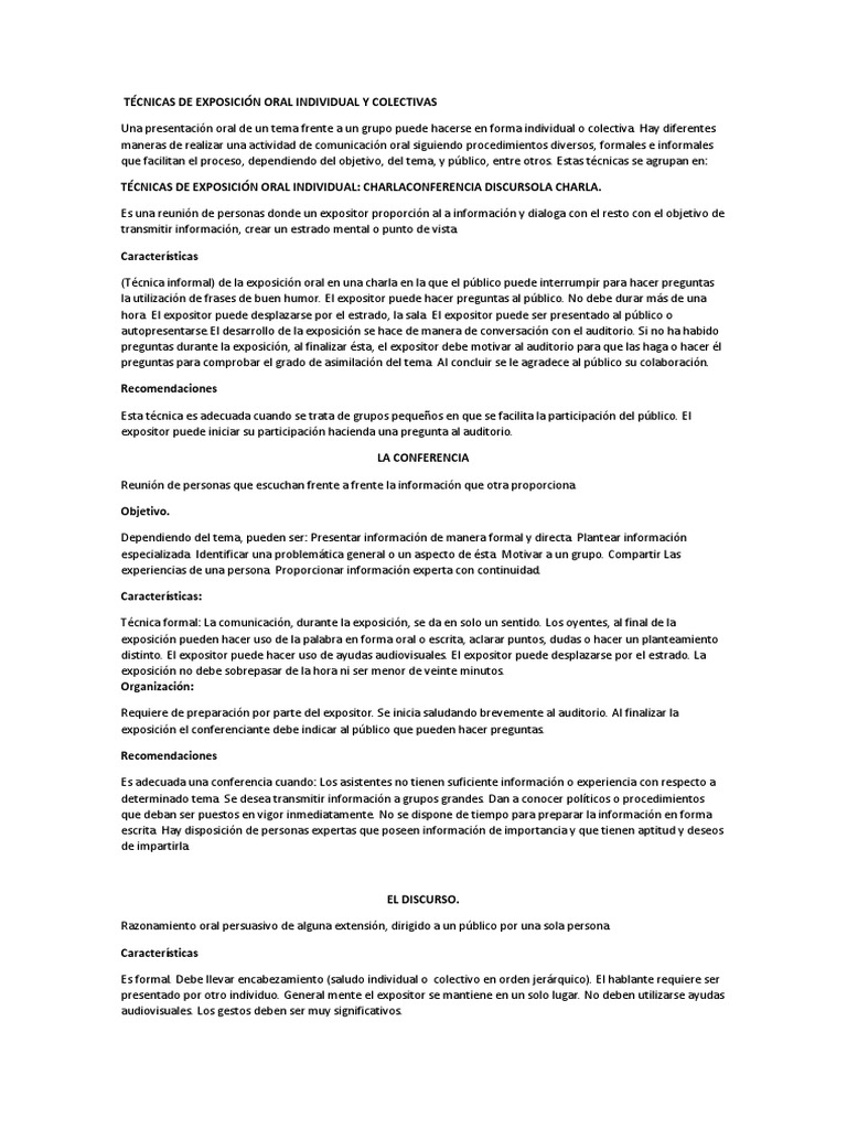Técnicas de Exposición Oral Individual y Colectivas | PDF | Foro de ...