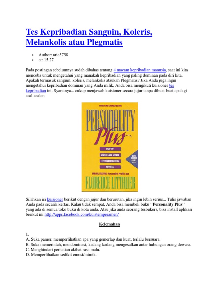 Tes Kepribadian Sanguin, Koleris, Melankolis Atau Plegmatis | PDF
