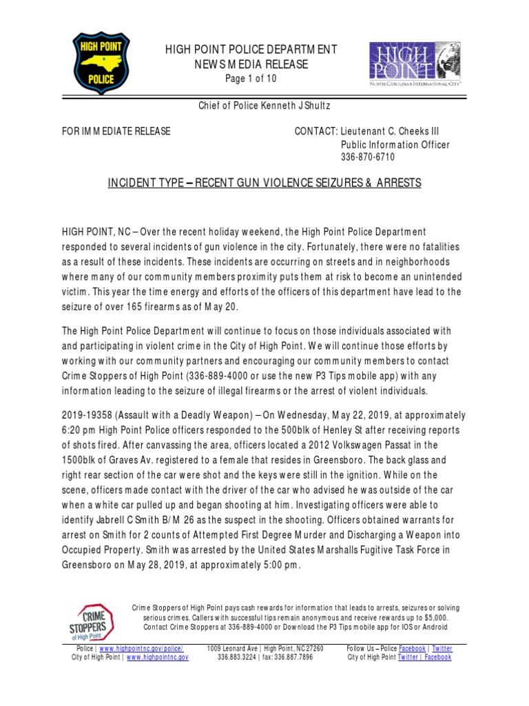 High Point Police Department Media Release On Recent Gun Violence - 5 ...
