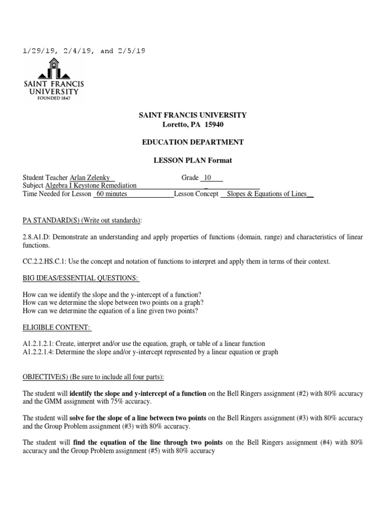 Saint Francis University Loretto, PA 15940 Education Department Lesson ...