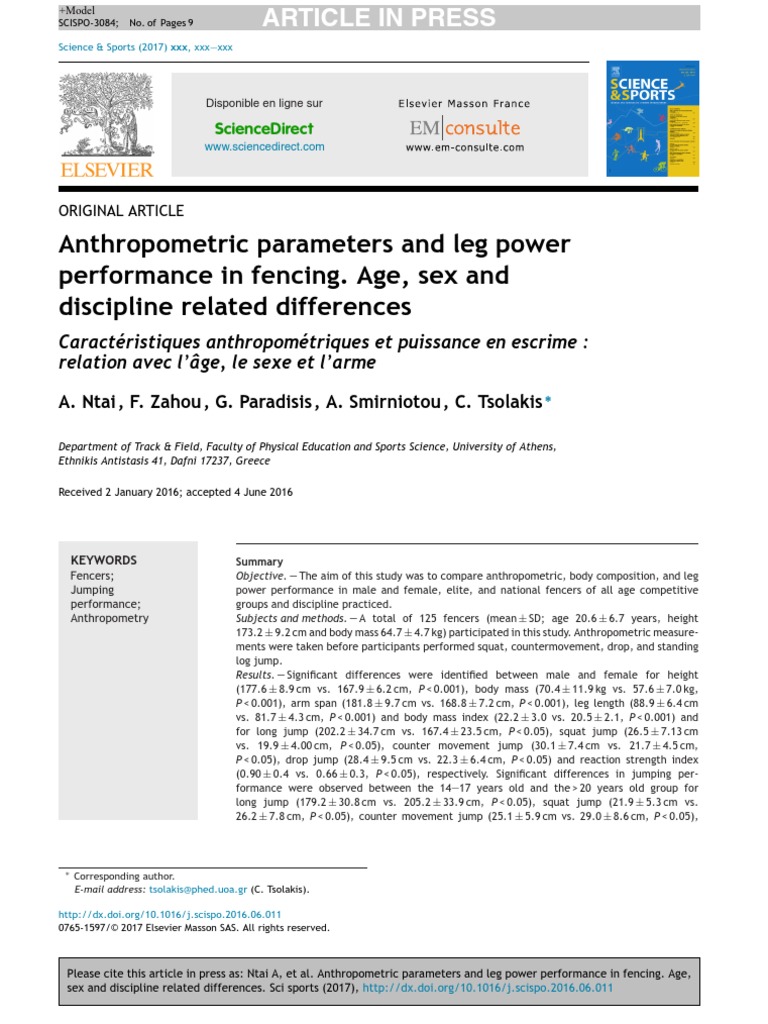 Anthropometric Parameters and Leg Power Performance in Fencing. Age ...