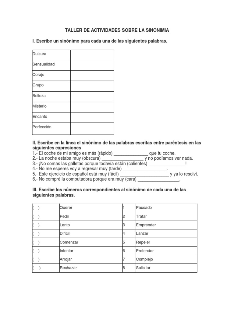 Actividades de Sinonimia en Talleres | PDF
