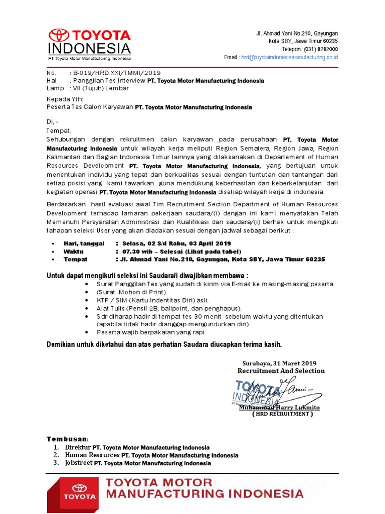 Lampiran Undangan Tes Interview PT. Toyota Motor Manufacturing ...
