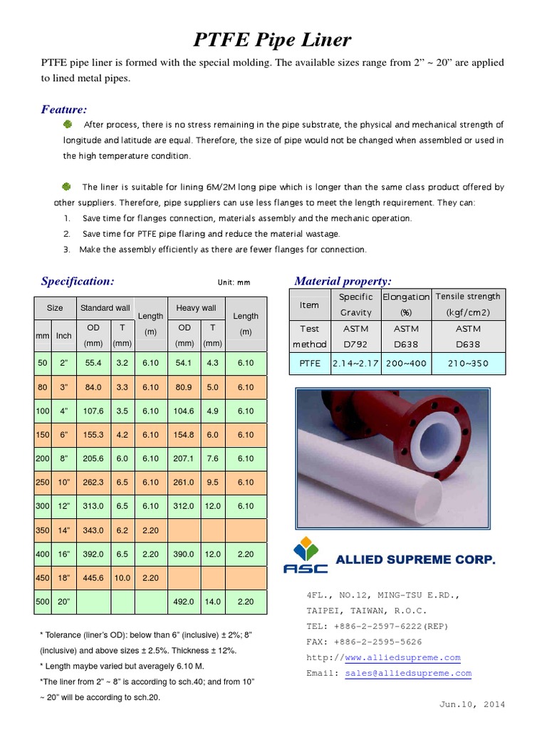 PTFE Pipe Liner | PDF | Pipe (Fluid Conveyance) | Building Technology