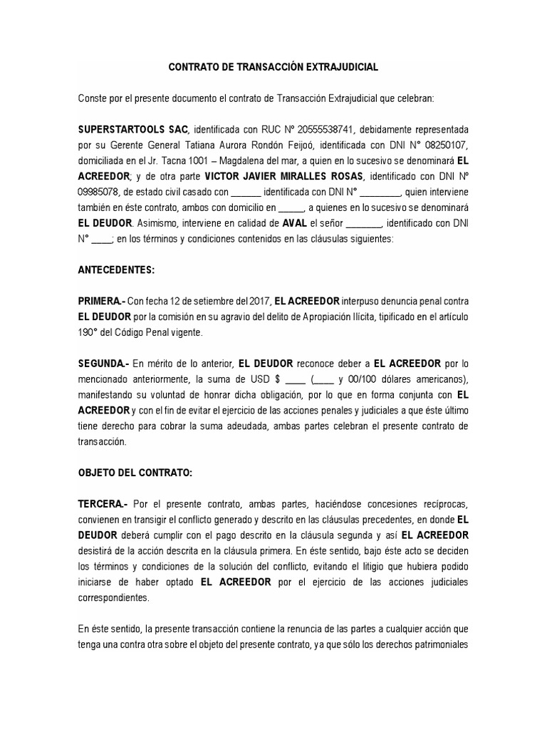 Contrato de Transacción Extrajudicial | PDF | Pagos | Ley común