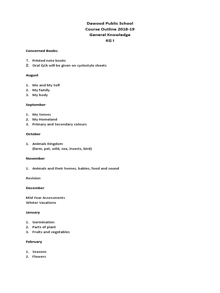 Dawood Public School Course Outline 2018-19 General Knowledge KGI | PDF ...