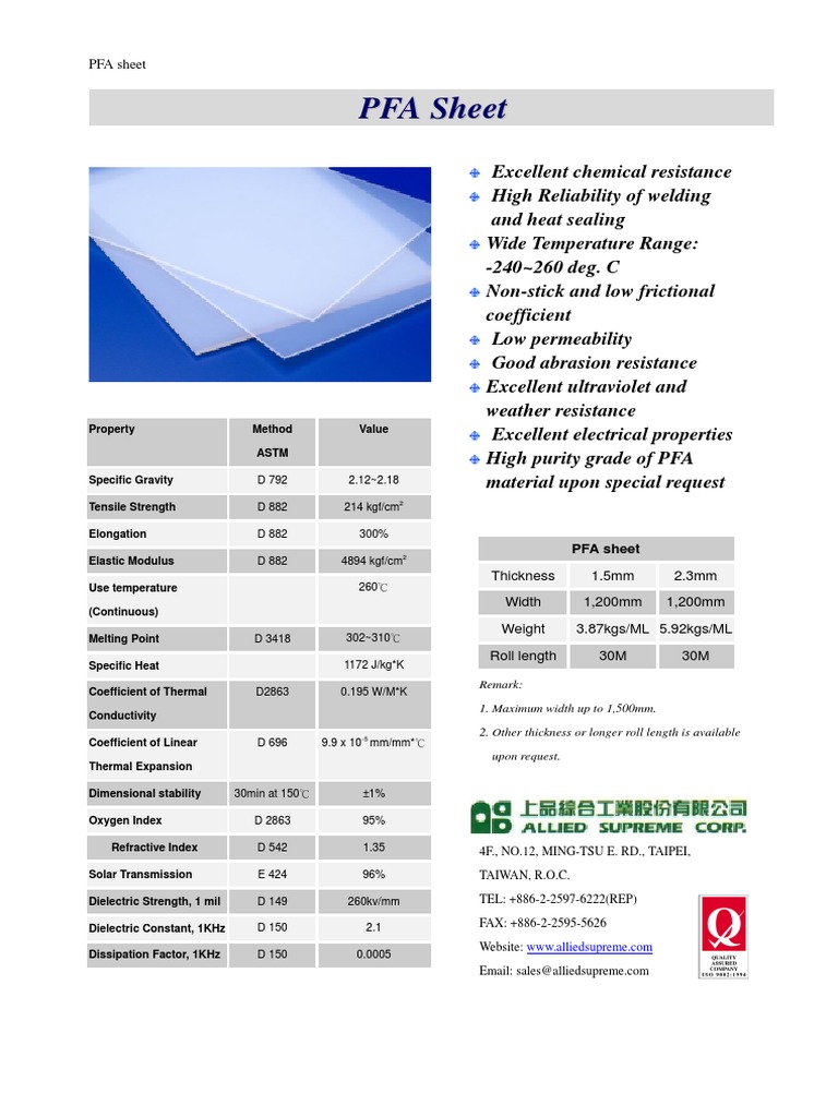 PFA Plain Sheet PDF | PDF | Electrical Resistivity And Conductivity ...