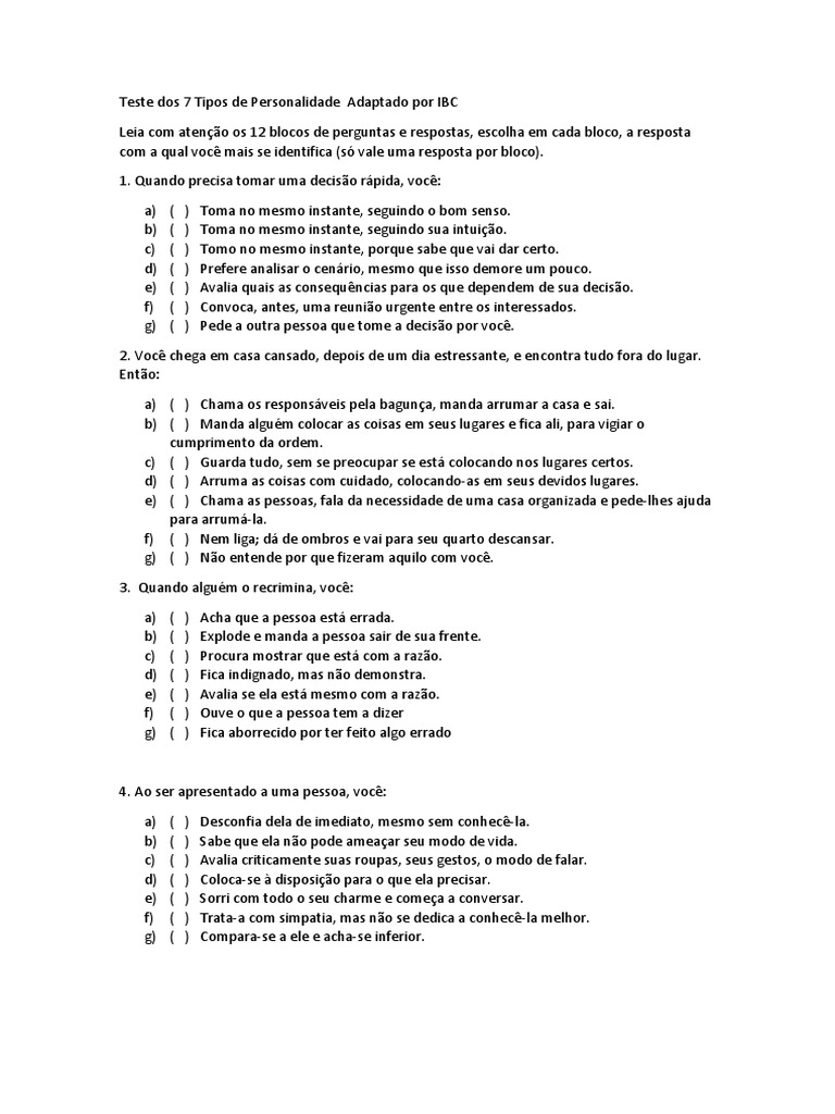 Teste Dos 7 Tipos de Personalidade 1 | Download grátis PDF | Lazer