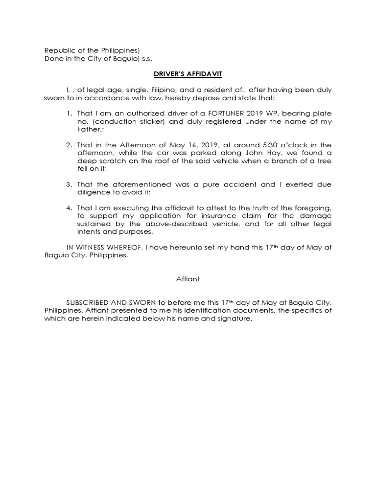Driver's Affidavit for Insurance Claim | PDF