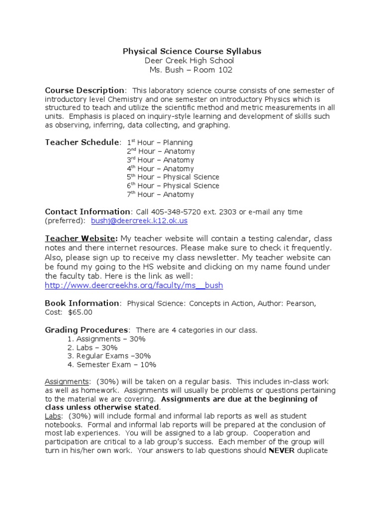 Physical Science Syllabus | PDF | Homework | Test (Assessment)