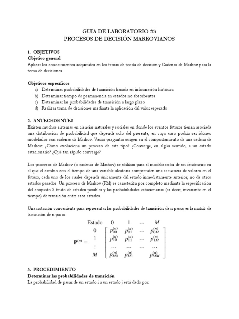 Lab 3 - Procesos de Decisión Markovianos | PDF | Cadena Markov | Probabilidad