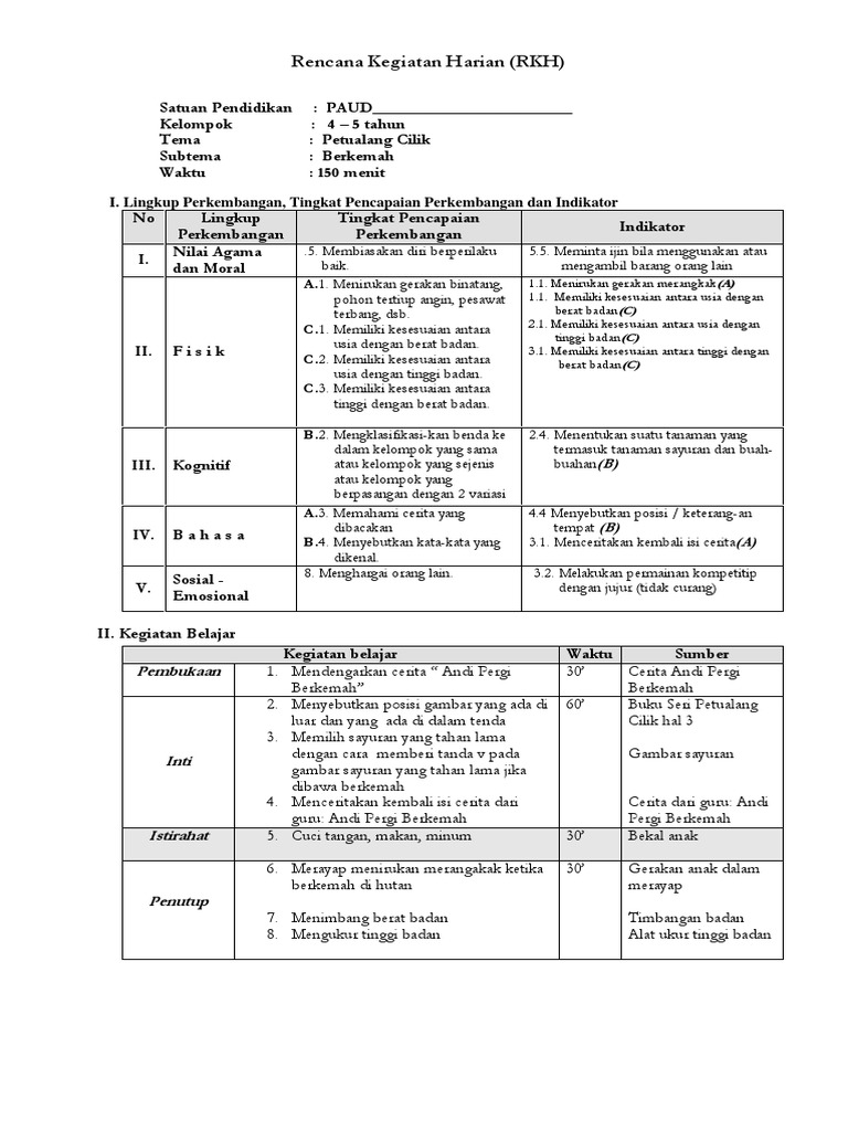 RKH RPPH TK PAUD Klp.A Tema Tanaman Subt PDF | PDF