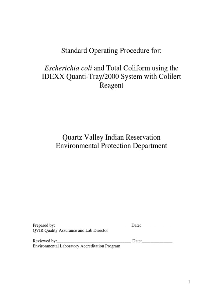 Escherichia Coli and Total Coliform Using The IDEXX Quanti-Tray 2000 System With Colilert ...