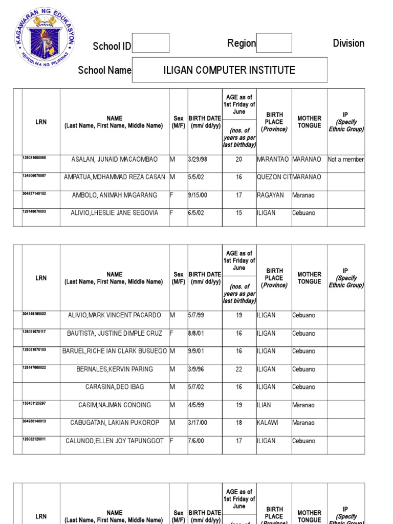 Student Enrollment Records from Iligan Computer Institute | PDF ...