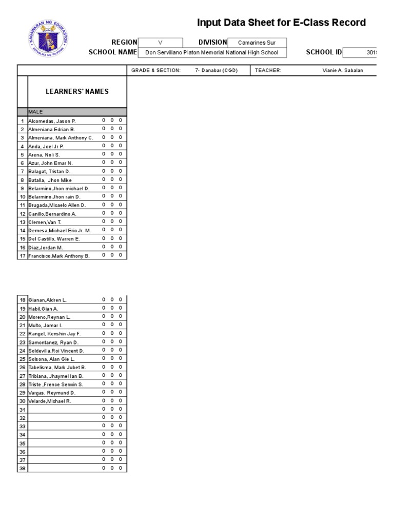 Input Data Sheet For E-Class Record: Region Division School Name School ...
