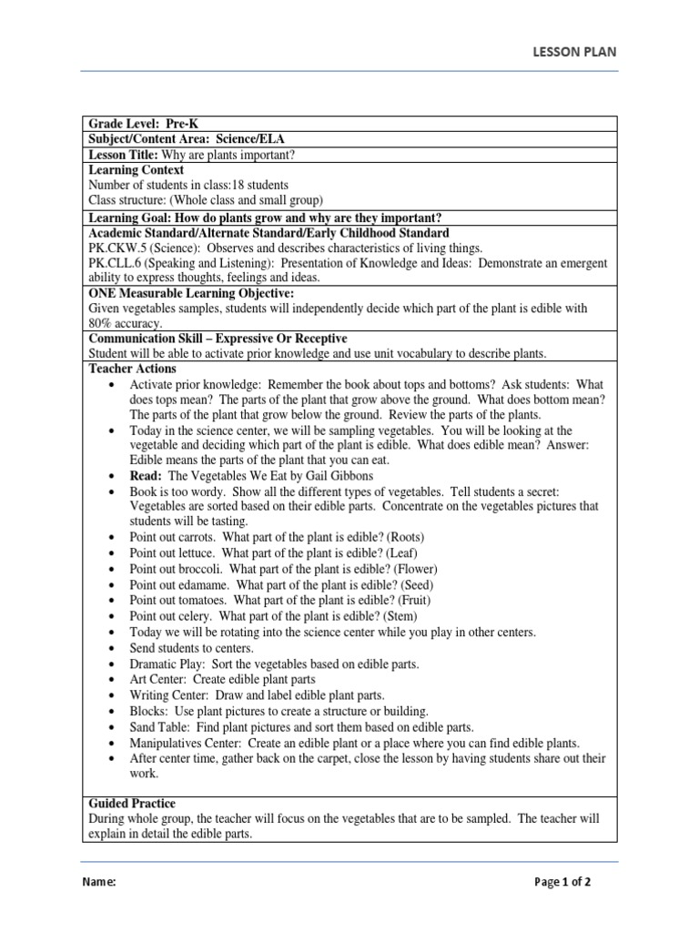 Plant Lesson Plan | PDF | Vegetables | Lesson Plan