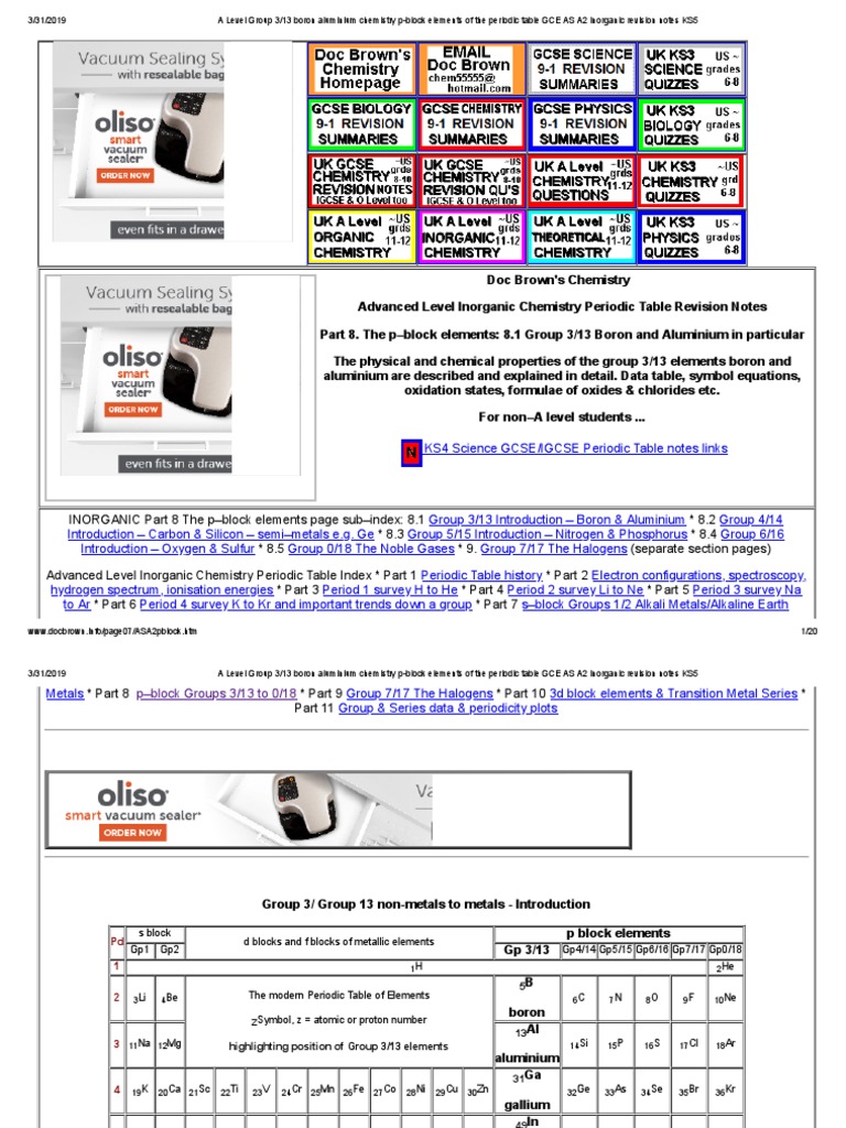 A Level Group 3 - 13 Boron Aluminium Chemistry P-Block Elements of The Periodic Table GCE AS A2 ...