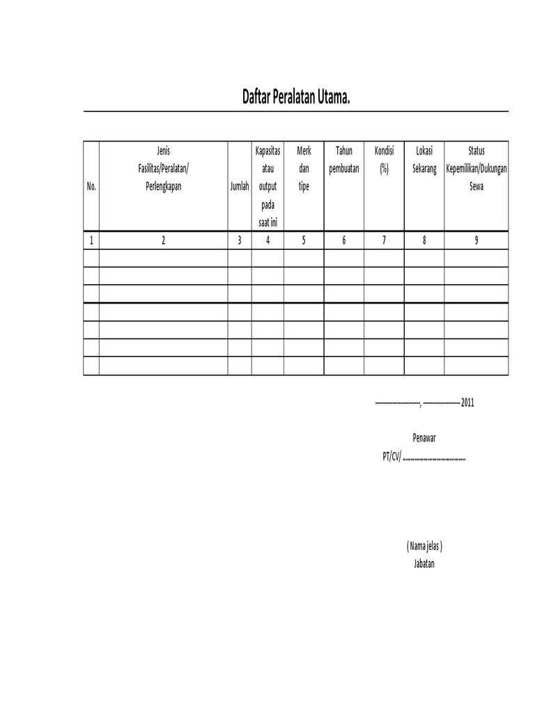 Contoh Daftar Peralatan Utama | PDF