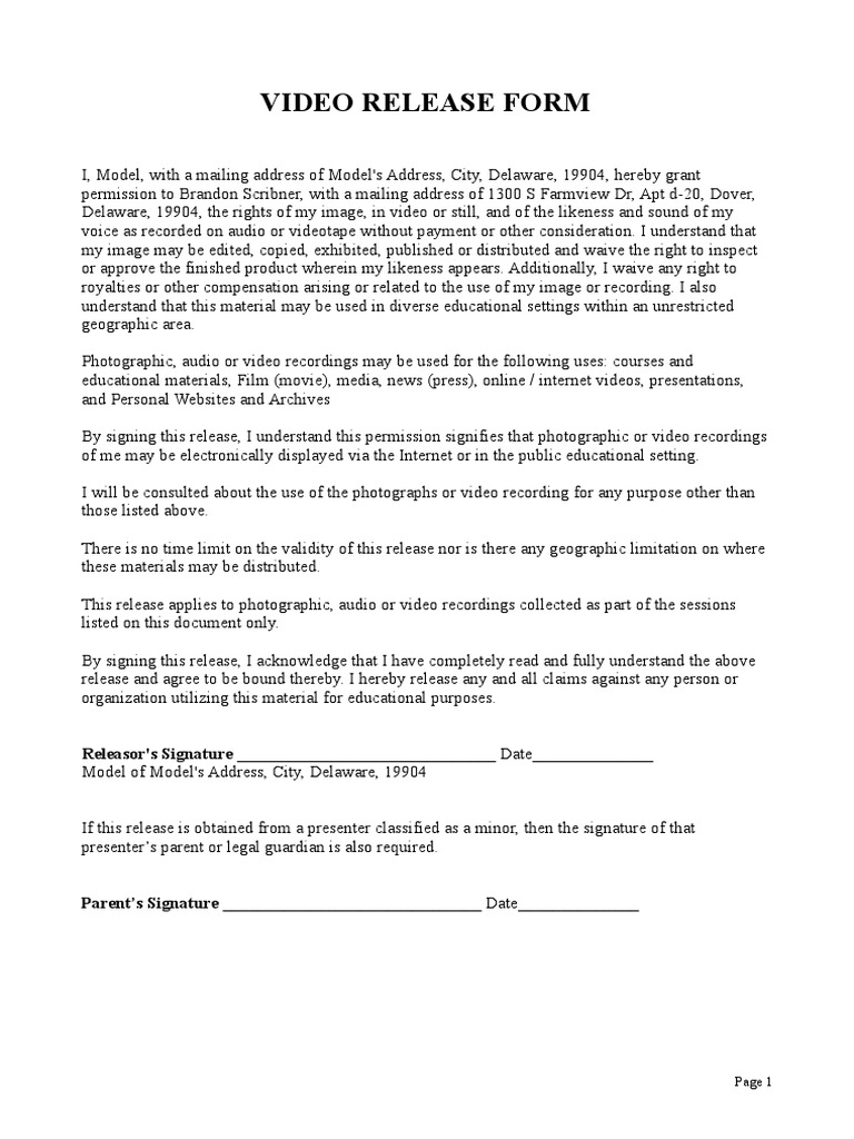 Video Release Form: Releasor's Signature - Date | PDF | Media ...
