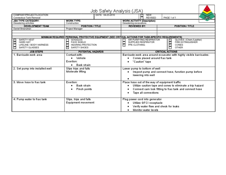 Dewatering Job Safety Analysis Guide | PDF | Personal Protective ...