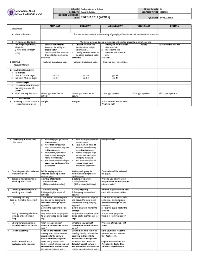 Grade 4 DLL Science 4 q1 Week 1 | PDF | Teachers | Psychology