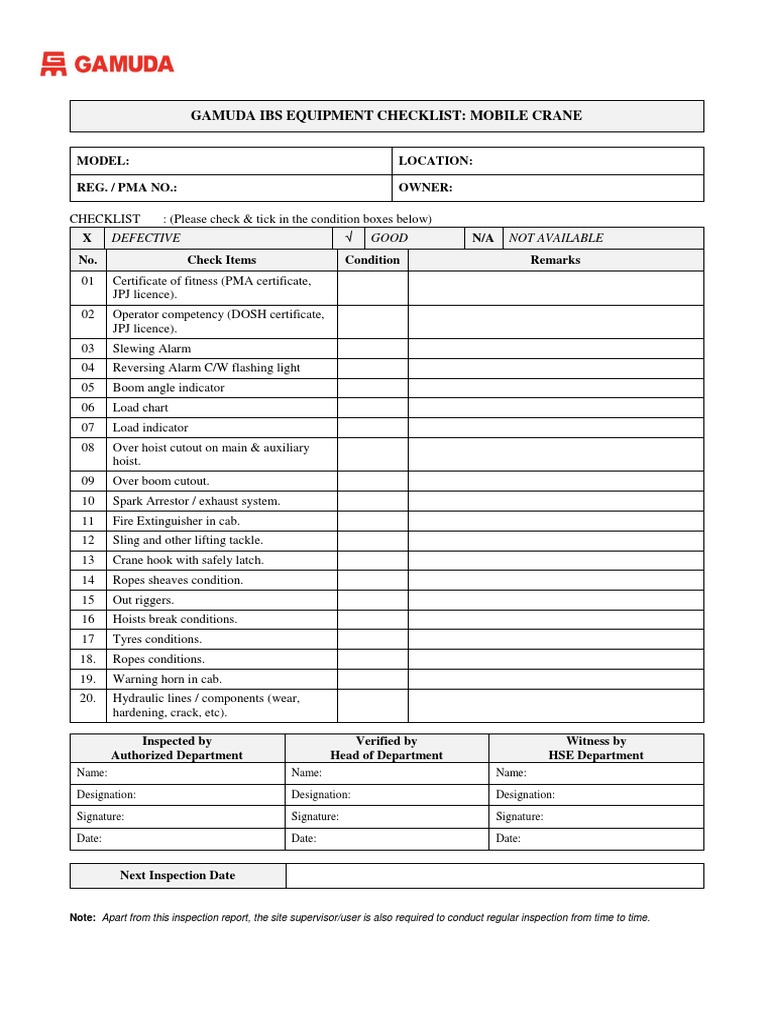Checklist for Mobile Crane