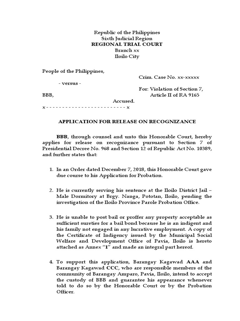Application For Recognizance | PDF | Probation | Bail