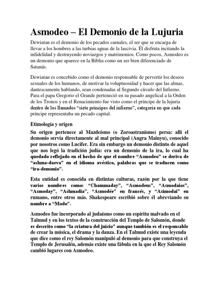 Asmodeo: El Demonio de la Lujuria | PDF | Demonios | Creencia religiosa ...