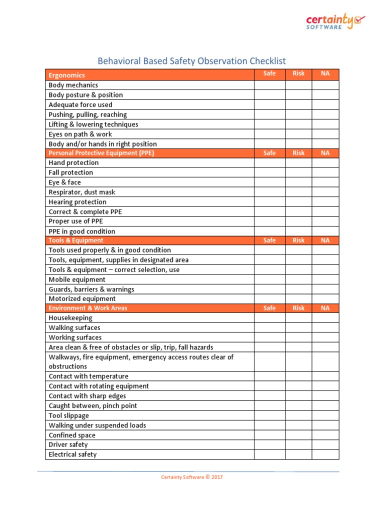 Behavioral Based Safety Observation Checklist: Ergonomics | PDF ...