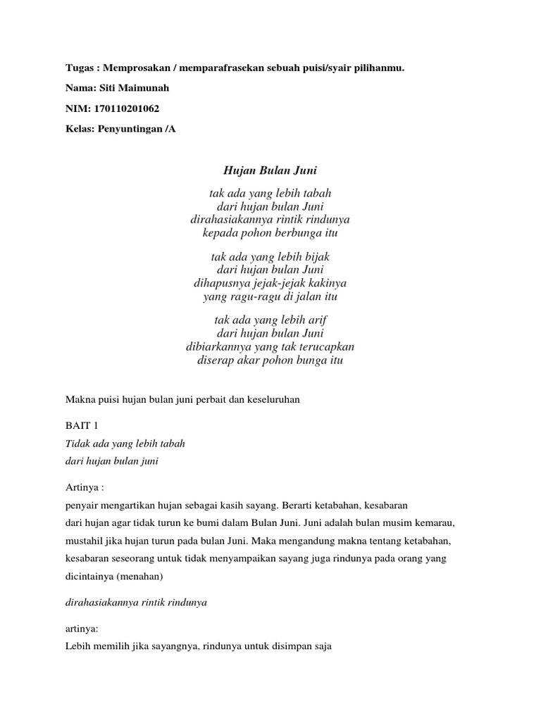 Parafrasa Puisi Hujan Bulan Juni | PDF