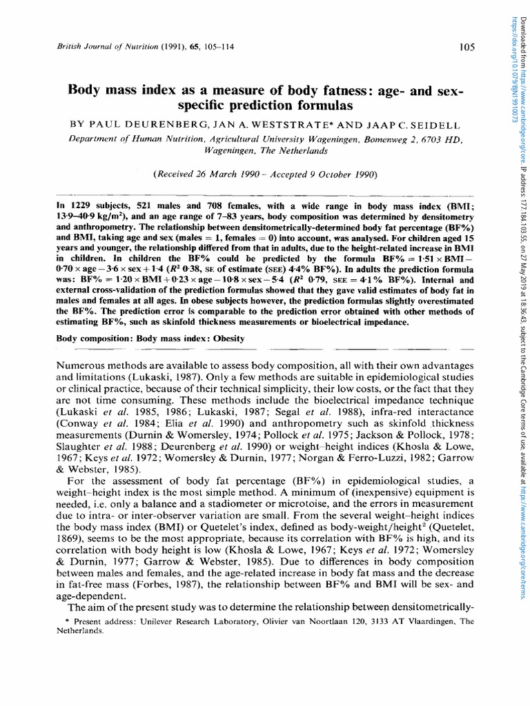 Body Mass Index As A Measure of Body Fatness Age and Sexspecific ...